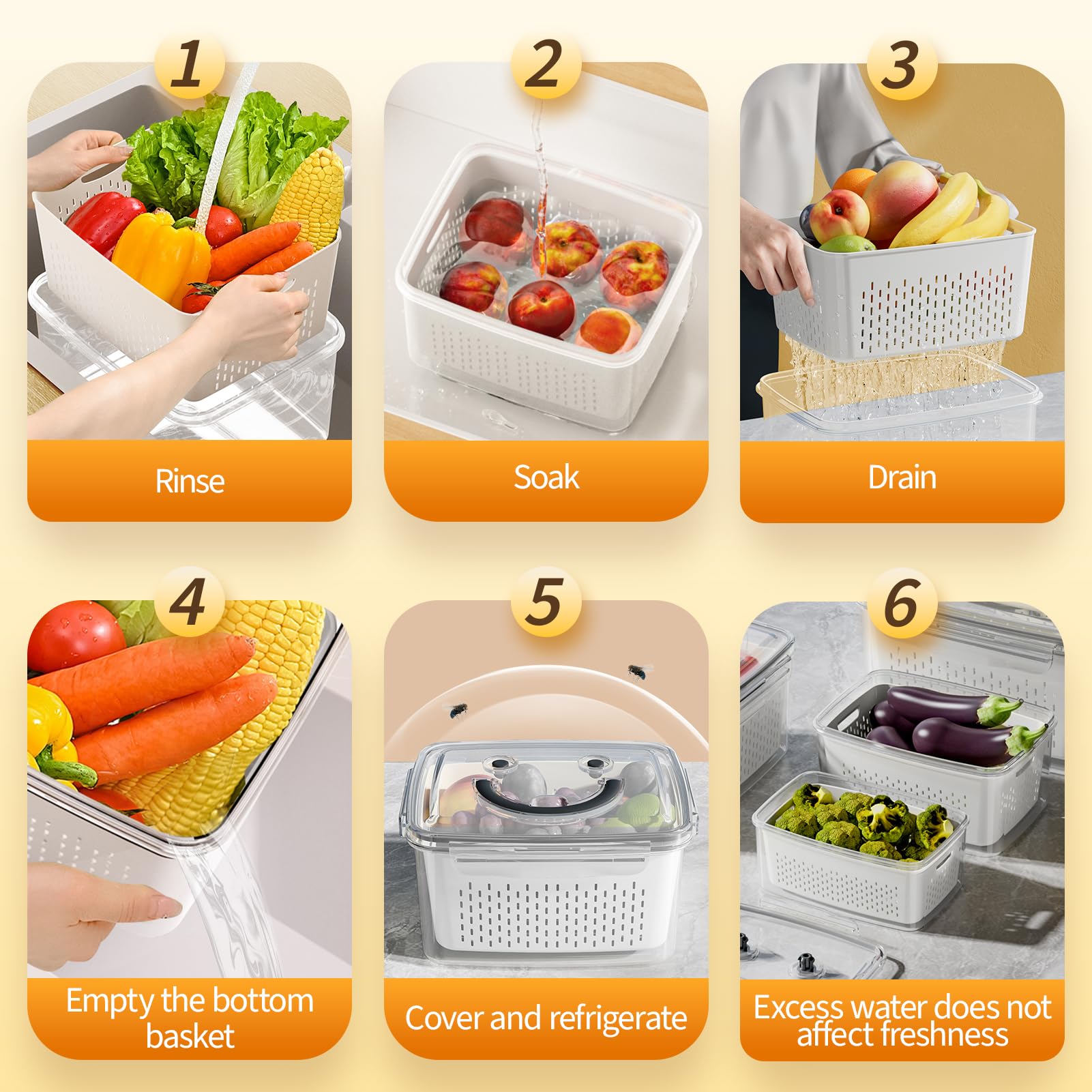 Mowdug 4 Pack Fruit Storage Containers with Removable Colanders for Fridge, BPA-Free, Vegetable Saver Container with Lid, Colander, Vent and Handle, Keep Fruits, Vegetables, Berry, Meat Fresh longer