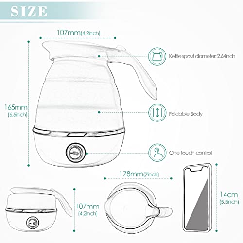 Travel Collapsible Kettle Electric - Portable Small Foldable Electric Kettle with Quick Boiling Tech, US Plug, BPA Free, 110V Voltage, 600ML β White