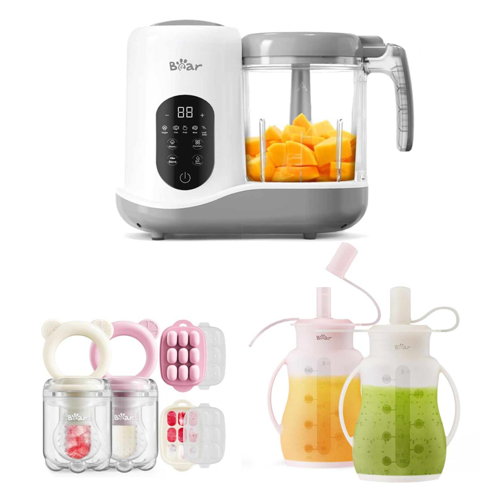 BEAR Baby Food Maker & Baby Fruit Food Feeder & Mini Freezer Nibble Tray & Baby Food Pouches Combo