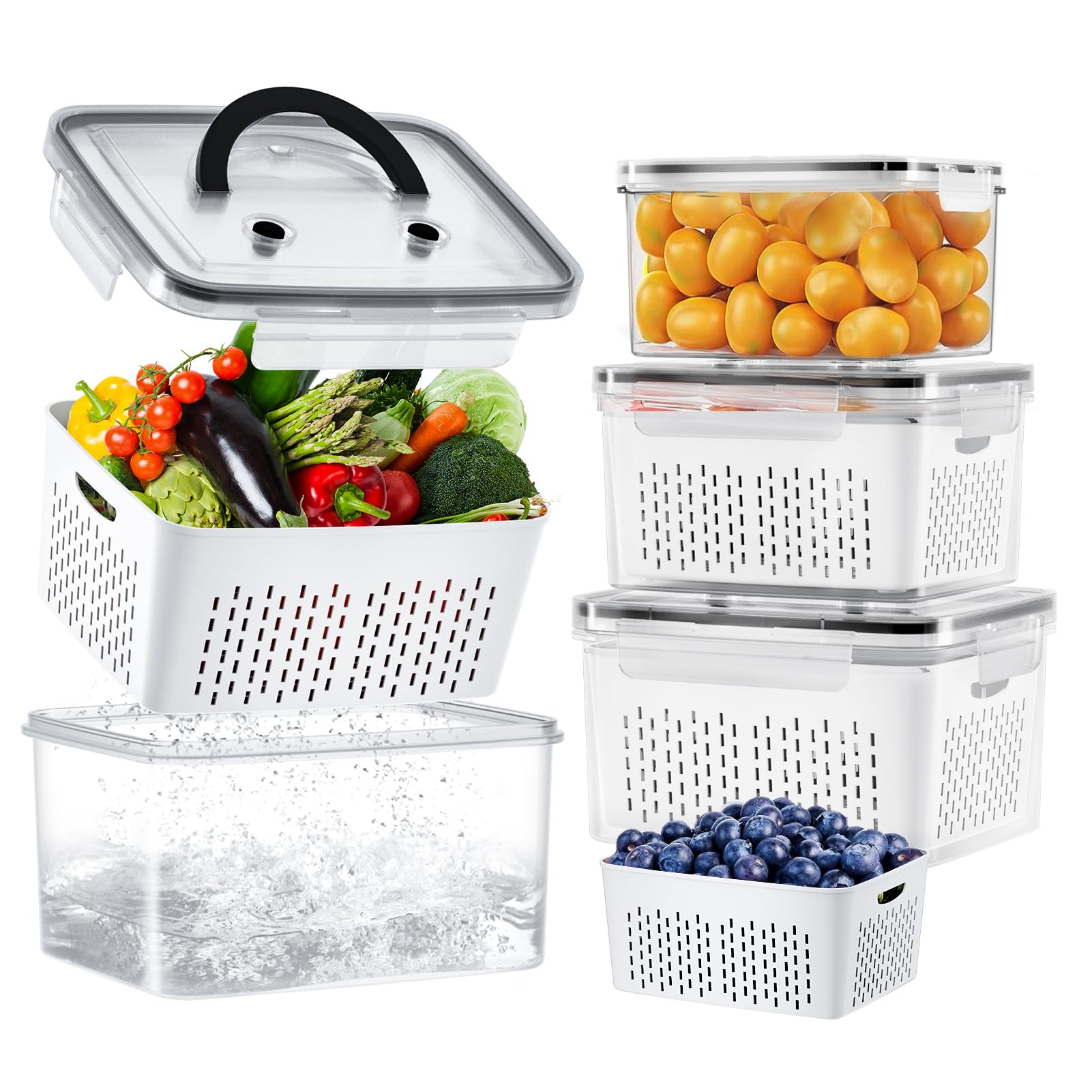 Mowdug 4 Pack Fruit Storage Containers with Removable Colanders for Fridge, BPA-Free, Vegetable Saver Container with Lid, Colander, Vent and Handle, Keep Fruits, Vegetables, Berry, Meat Fresh longer