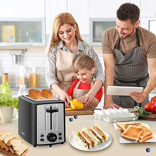 SEEDEEM Toaster 2 Slice, Bread Toaster with LCD Display, 7 Shade Settings, 1.4'' Variable Extra Wide Slots Toaster with Cancel, Bagel, Defrost, Reheat Functions, Removable Crumb Tray, 900W, Carbon Black