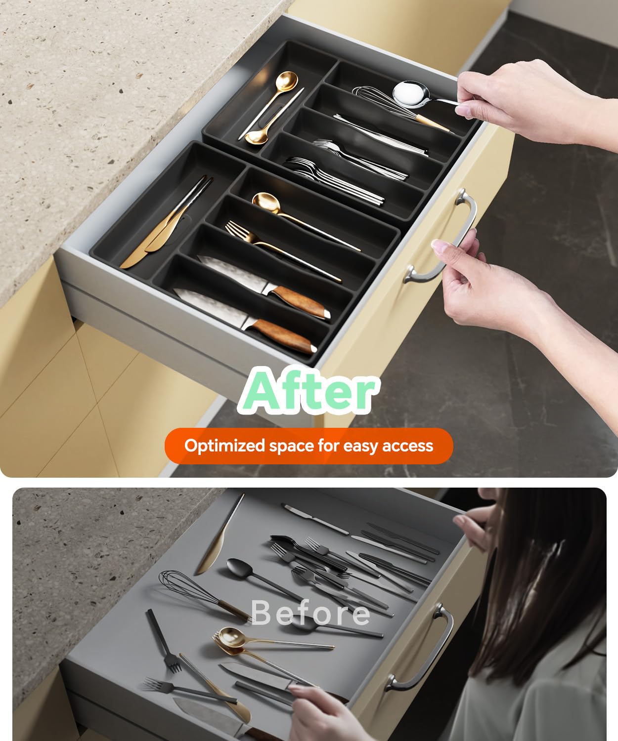 EUHOME Silicone Silverware Drawer Organizer Tray