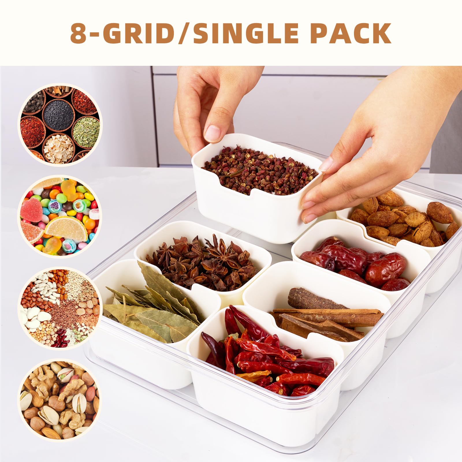 Capella Edge Snack Box with Lid & Handle - Divided Clear Serving Tray, 8 Compartments for Snacks, Fruits, Nuts, Candy - Portable for Parties, Picnics, Travel, and Entertaining