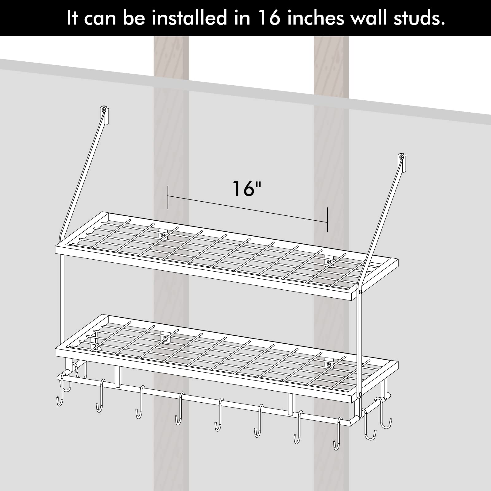 KES 30-Inch 2-Tier Kitchen Pan Pot Rack Hanging Storage Organizer with 12 Hooks and 2 Pack Magnetic Spice Rack for Refrigerator Matte Black, KUR215S75B-BK+KRR502-BK-P2
