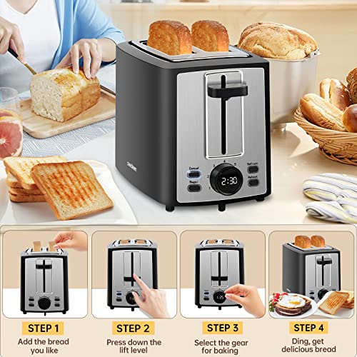 SEEDEEM Toaster 2 Slice, Bread Toaster with LCD Display, 7 Shade Settings, 1.4'' Variable Extra Wide Slots Toaster with Cancel, Bagel, Defrost, Reheat Functions, Removable Crumb Tray, 900W, Carbon Black