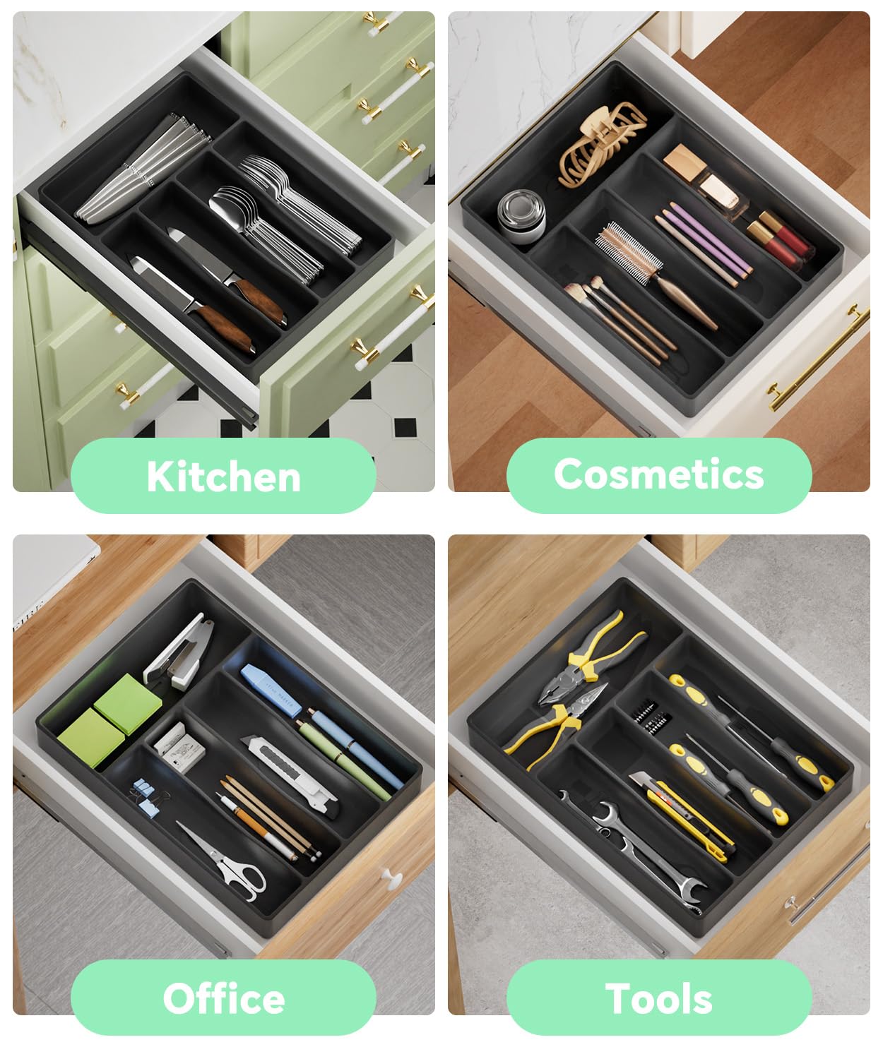 EUHOME Silicone Silverware Drawer Organizer Tray