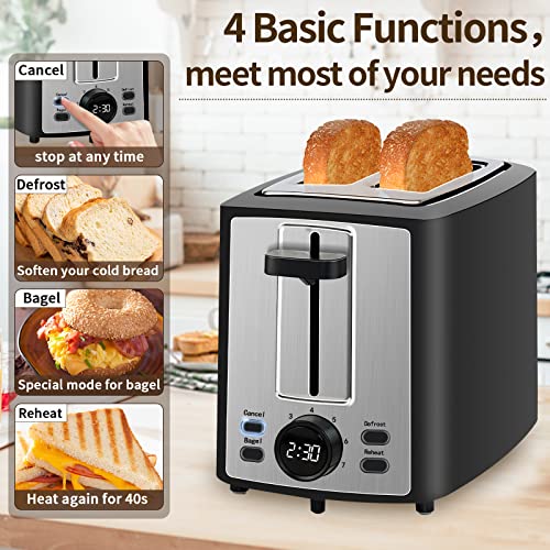 SEEDEEM Toaster 2 Slice, Bread Toaster with LCD Display, 7 Shade Settings, 1.4'' Variable Extra Wide Slots Toaster with Cancel, Bagel, Defrost, Reheat Functions, Removable Crumb Tray, 900W, Carbon Black