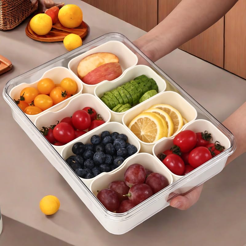 SNEKZ ๐ฎ ๐ฃ๐ฎ๐ฐ๐ธ Divided Serving Tray with Lid and Handle, 8 Compartments Portable Snackle Box Container for Fruit, Veggies,Clear Snack Containers for Kids and Adult, Perfect for Travel, Picnic