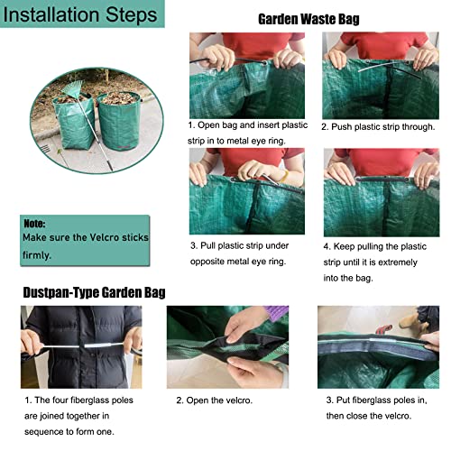 luseiya Upgrade Adjustable Leaf Rake - Garden Dustpan-Type Bag 53 Gallons and Standable Yard Waste Bag 72 Gallons for Collecting Leaves, Professional Reusable Lawn Leaf Waste Bags(Green)