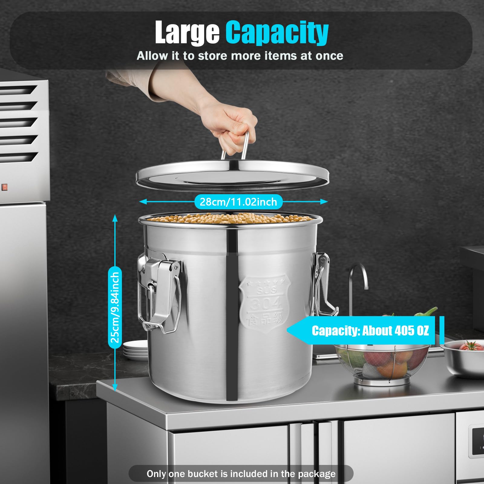 12L Stainless Steel Airtight Canister with Airtight lids & Locking Clamp, Kitchen Rice Storage Bucket, Rice Cereal Grain Canisters Container for Storing Dry/Wet Foods, Flour, Tea, Cereals, Rice