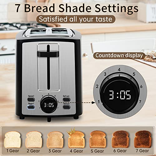 SEEDEEM Toaster 2 Slice, Bread Toaster with LCD Display, 7 Shade Settings, 1.4'' Variable Extra Wide Slots Toaster with Cancel, Bagel, Defrost, Reheat Functions, Removable Crumb Tray, 900W, Carbon Black