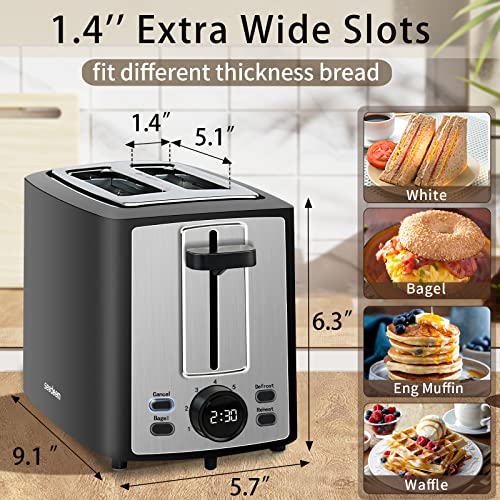 SEEDEEM Toaster 2 Slice, Bread Toaster with LCD Display, 7 Shade Settings, 1.4'' Variable Extra Wide Slots Toaster with Cancel, Bagel, Defrost, Reheat Functions, Removable Crumb Tray, 900W, Carbon Black