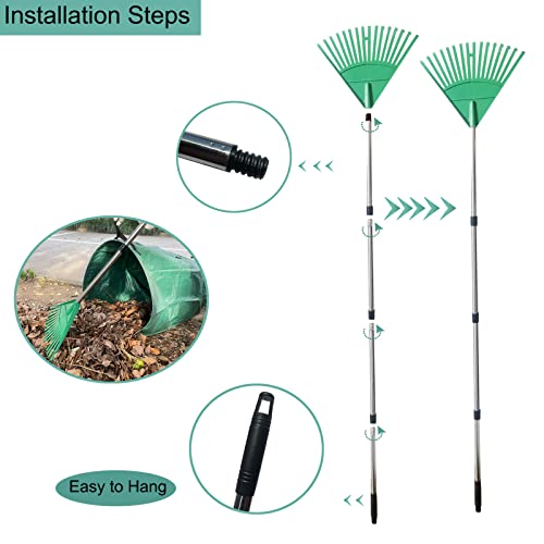 luseiya Upgrade Adjustable Leaf Rake - Garden Dustpan-Type Bag 53 Gallons and Standable Yard Waste Bag 72 Gallons for Collecting Leaves, Professional Reusable Lawn Leaf Waste Bags(Green)