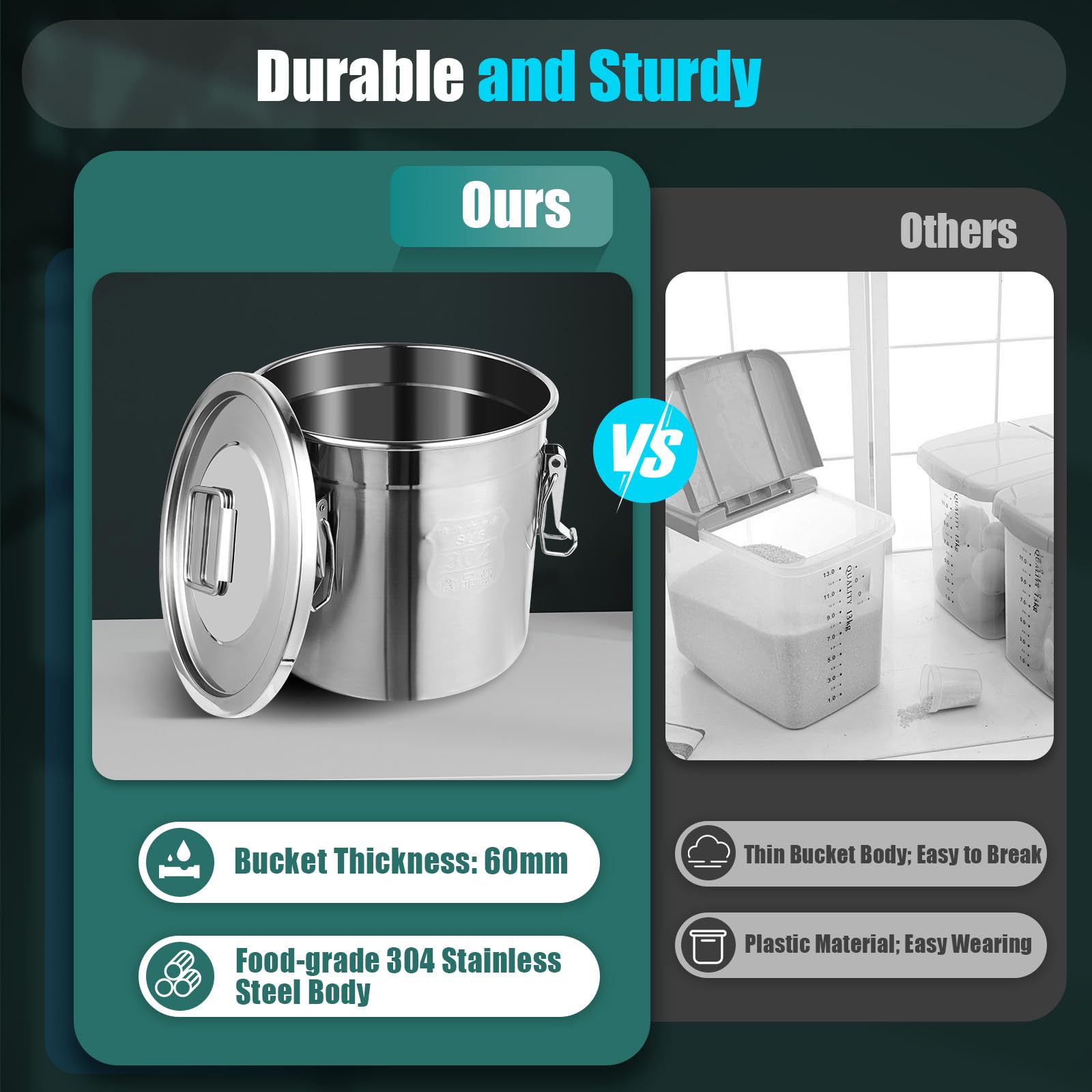12L Stainless Steel Airtight Canister with Airtight lids & Locking Clamp, Kitchen Rice Storage Bucket, Rice Cereal Grain Canisters Container for Storing Dry/Wet Foods, Flour, Tea, Cereals, Rice