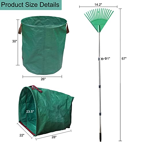 luseiya Upgrade Adjustable Leaf Rake - Garden Dustpan-Type Bag 53 Gallons and Standable Yard Waste Bag 72 Gallons for Collecting Leaves, Professional Reusable Lawn Leaf Waste Bags(Green)