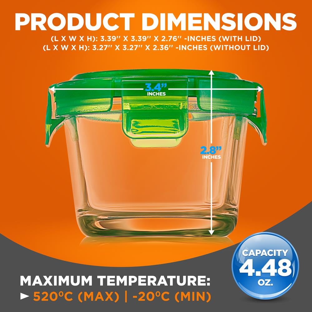 NutriChef 12 Piece Glass Food Storage Container – 4.48 oz Round Airtight Stackable Containers with Locking Lids for Baby Food, Snacks, Fruits, and Meal Prep - Oven & Freezer Safe