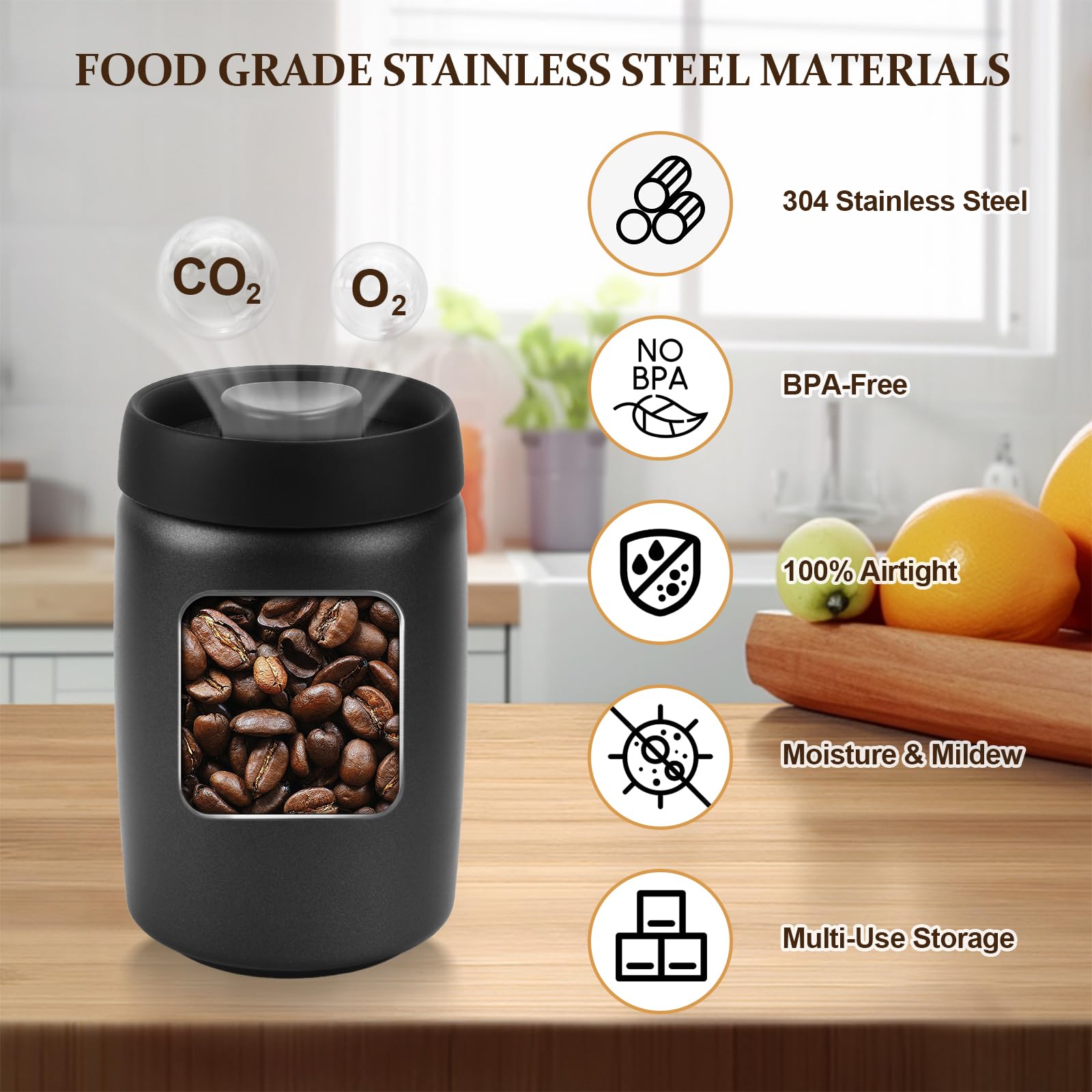 MFBJXC 2-Pack 16oz Vacuum Coffee Canister, 304 Stainless Steel Airtight Food Storage Container, Coffee Bean Storage for Coffee Beans Grounds Tea(Black 2L)