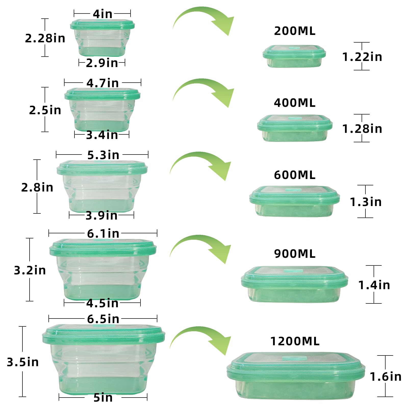 KVK 6 Pack Collapsible Food Storage Containers, Silicone Food Storage Containers With Lids, Green Reusable Collapsible Bowls For Camping, Outdoor Hiking Travel Storage and Mixing