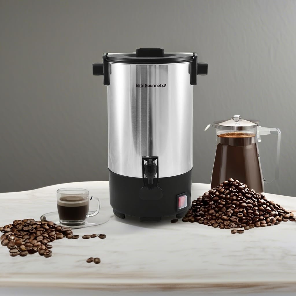 Elite Cuisine CCM-035 Maxi-Matic 30 Cup Electric Coffee Maker Urn, Removable Filter For Easy Cleanup, Two Way Dispenser with Cool-Touch Handles, Stainless Steel