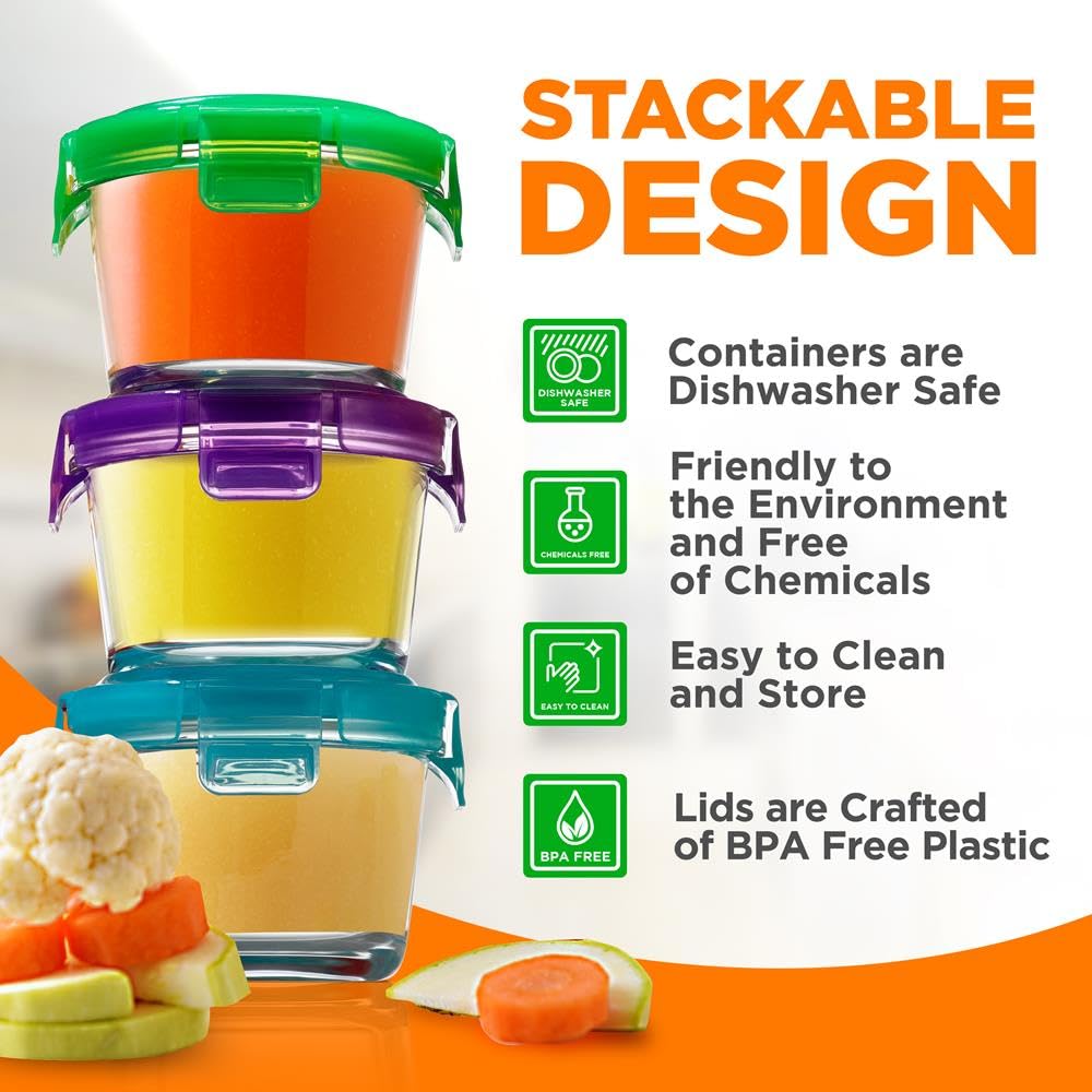 NutriChef 12 Piece Glass Food Storage Container – 4.48 oz Round Airtight Stackable Containers with Locking Lids for Baby Food, Snacks, Fruits, and Meal Prep - Oven & Freezer Safe