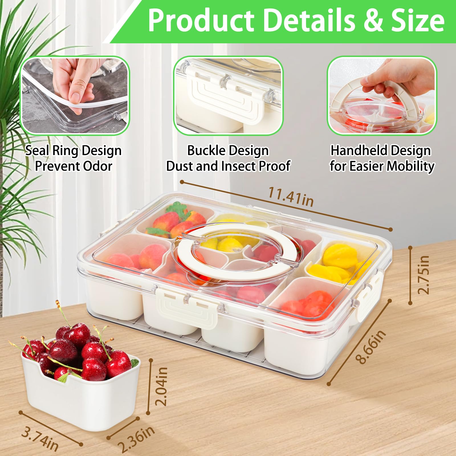 Portable Divided Serving Tray with Lid with Handle, 8 Compartment Snackle Box Container,- For Clear Organizer Fruit, Candy, Nuts,Snacks,Great for parties, beach fun and outdoor camping(8)