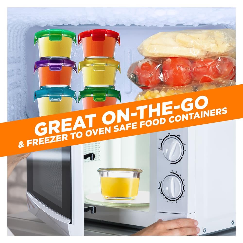 NutriChef 12 Piece Glass Food Storage Container – 4.48 oz Round Airtight Stackable Containers with Locking Lids for Baby Food, Snacks, Fruits, and Meal Prep - Oven & Freezer Safe