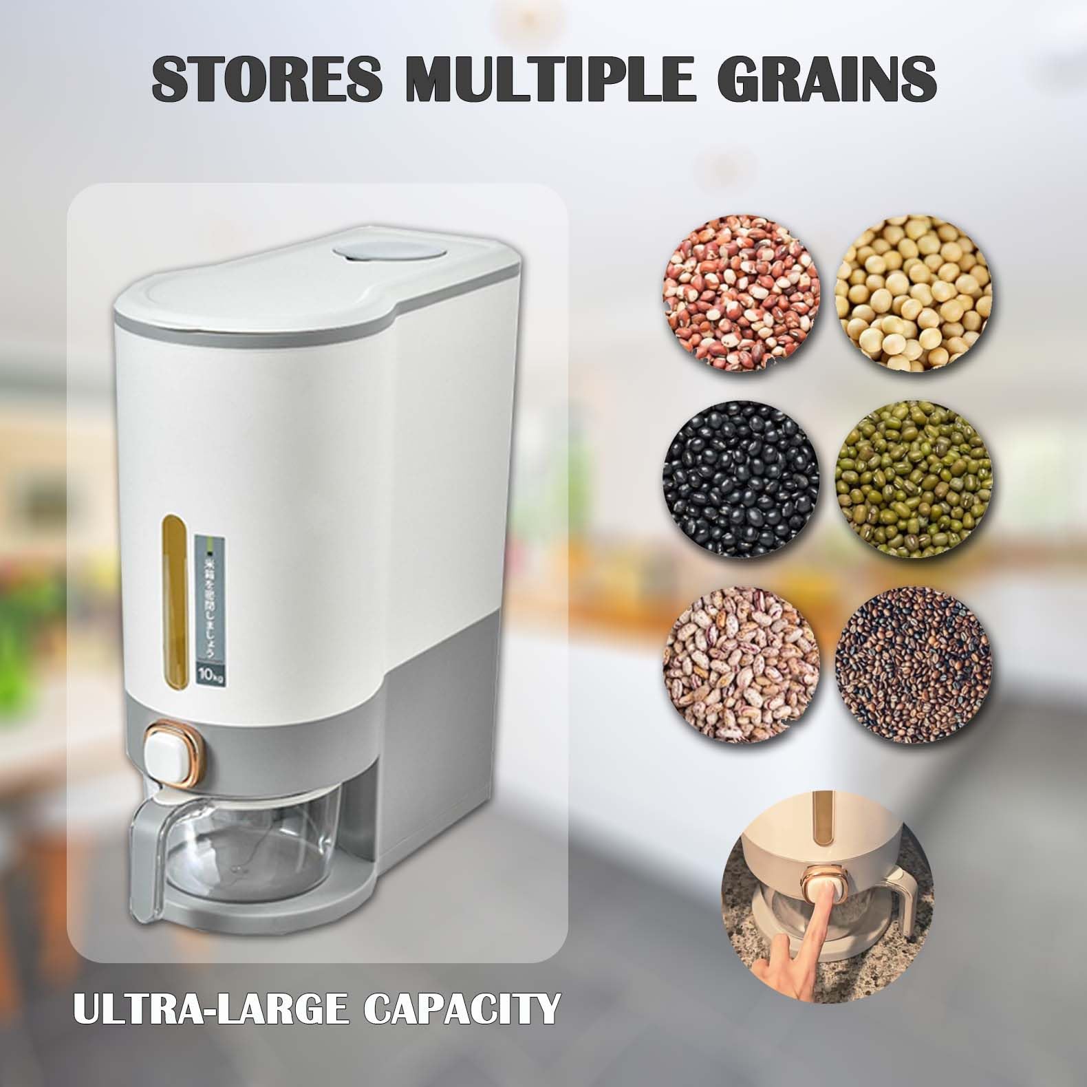 Darvii 23 Lbs Rice Dispenser - Grain Storage Container with Automatic Dispenser, Rectangular, Gray, 16.5 x 6.7 inches