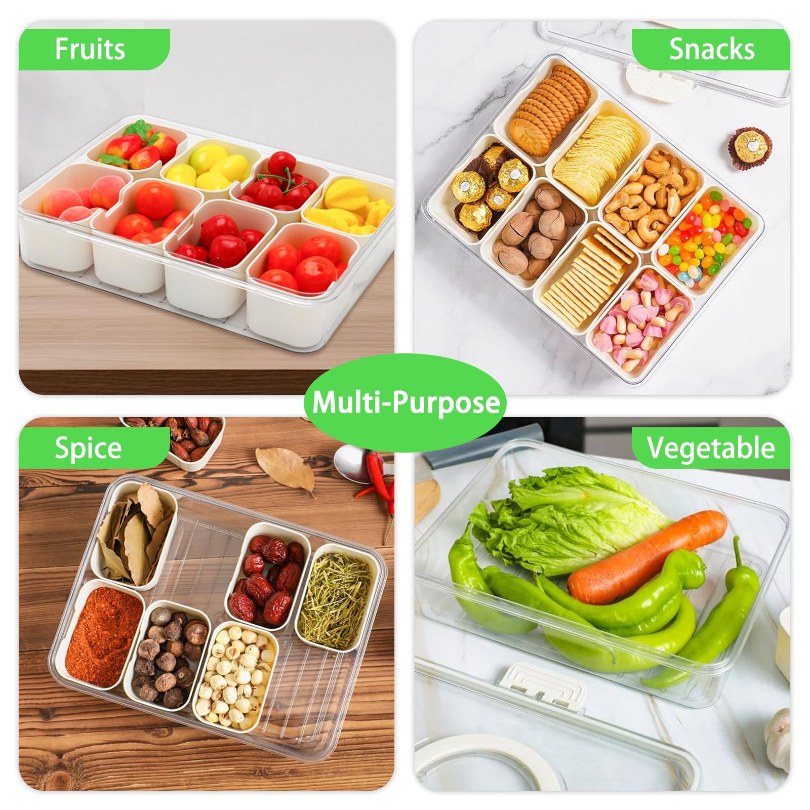 Portable Divided Serving Tray with Lid with Handle, 8 Compartment Snackle Box Container,- For Clear Organizer Fruit, Candy, Nuts,Snacks,Great for parties, beach fun and outdoor camping(8)