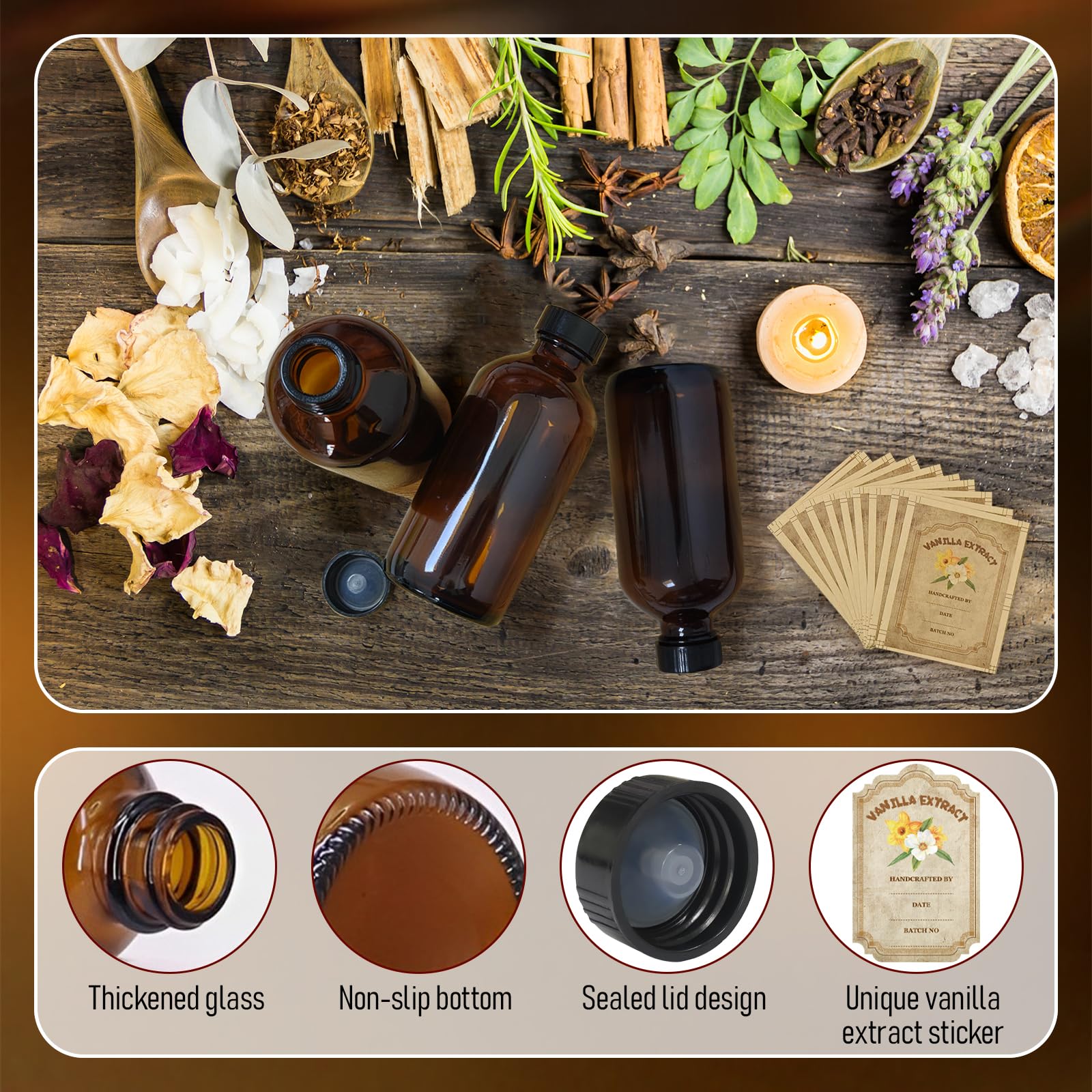 JINSILU 12 Pack 2-Ounce Amber Glass Bottle with Lid for Homemade Vanilla Extract and 12-Piece Vanilla Extract Stickers for Syrup Gifts,vanilla extract bottles (2OZ-12PC)