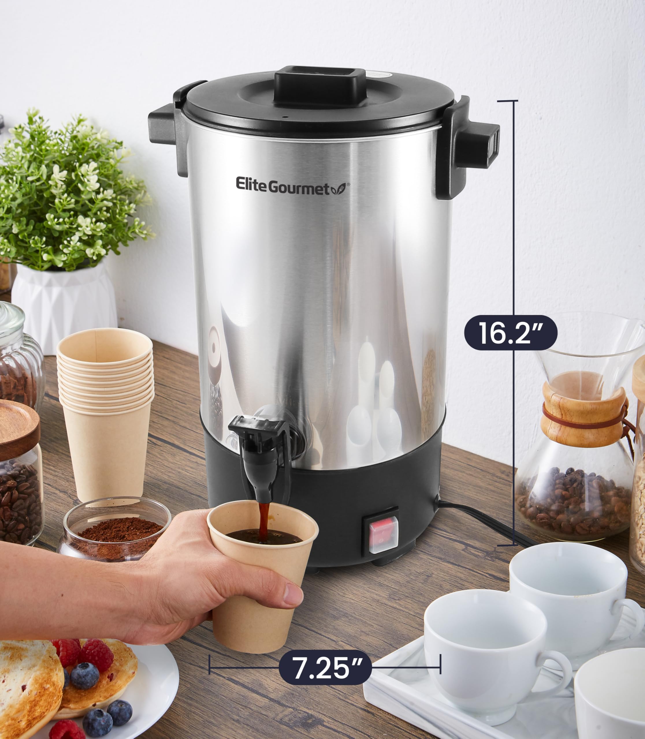 Elite Cuisine CCM-035 Maxi-Matic 30 Cup Electric Coffee Maker Urn, Removable Filter For Easy Cleanup, Two Way Dispenser with Cool-Touch Handles, Stainless Steel