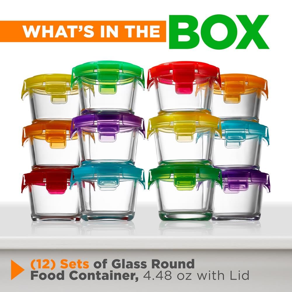 NutriChef 12 Piece Glass Food Storage Container – 4.48 oz Round Airtight Stackable Containers with Locking Lids for Baby Food, Snacks, Fruits, and Meal Prep - Oven & Freezer Safe