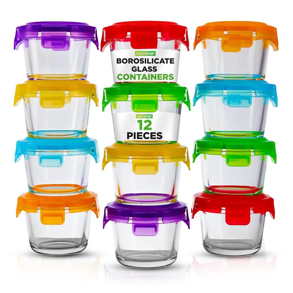 NutriChef 12 Piece Glass Food Storage Container – 4.48 oz Round Airtight Stackable Containers with Locking Lids for Baby Food, Snacks, Fruits, and Meal Prep - Oven & Freezer Safe