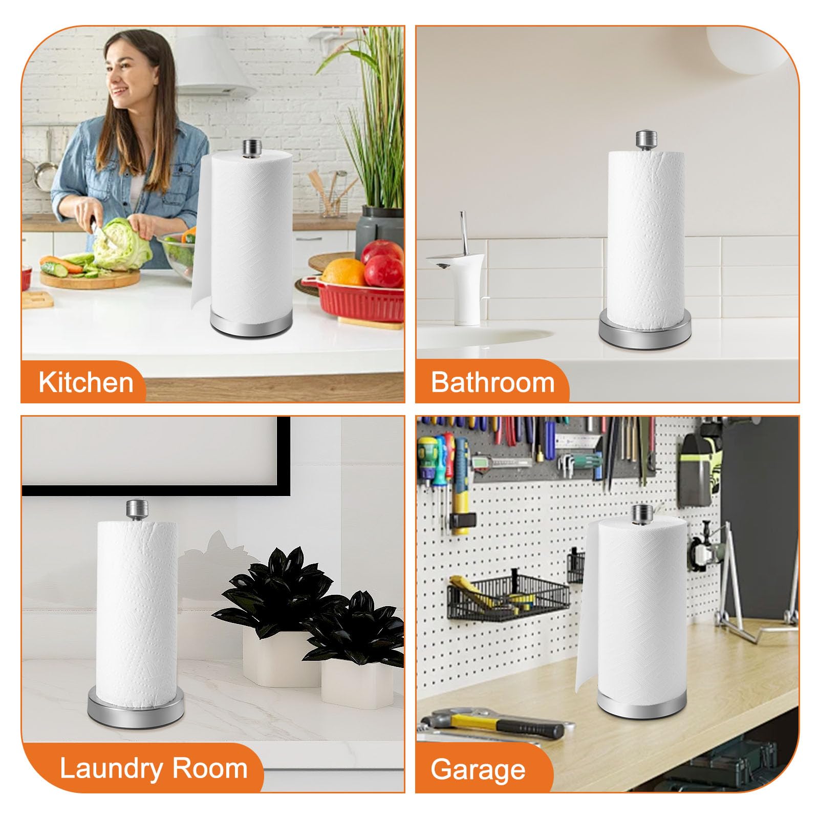 Stainless Steel Silver Paper Towel Holder Designed for Easy One-Handed Operation - This Sturdy Weighted Paper Towel Dispenser Countertop Model Has Suction Cups and Holds All Paper Towel Rolls