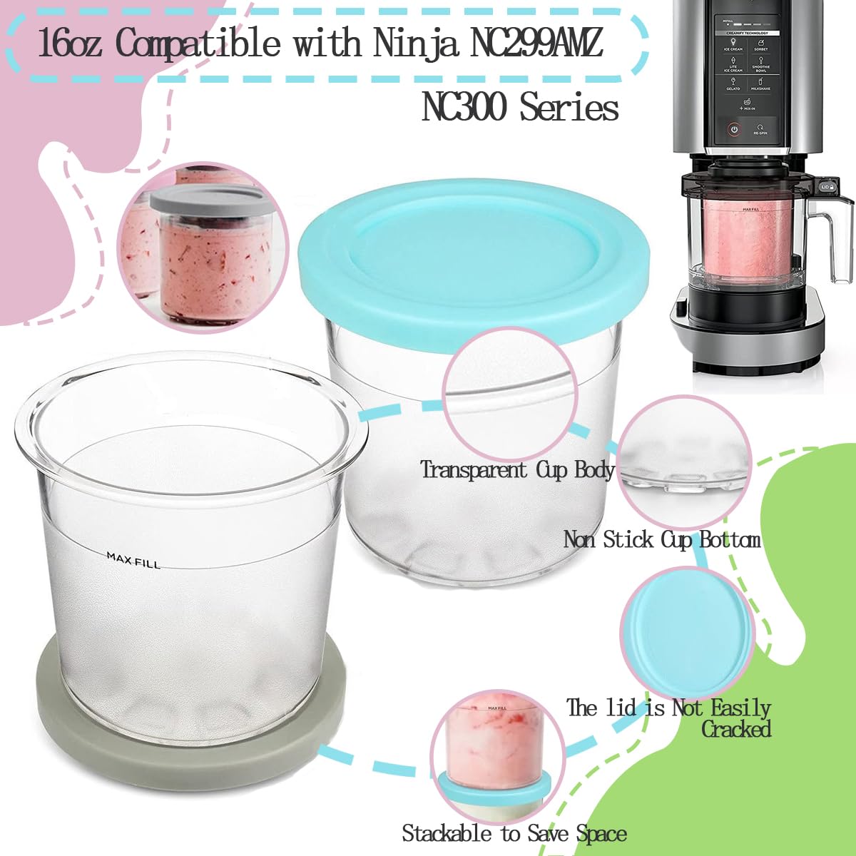 NLXCXUCY 4 Pack Containers Replacement for Ninja Creami Pints and Lids with 160pcs Waterproof Removable Labels,16oz Compatible with Ninja NC299AMZ NC300 Series Deluxe Ice Cream Makers Cups