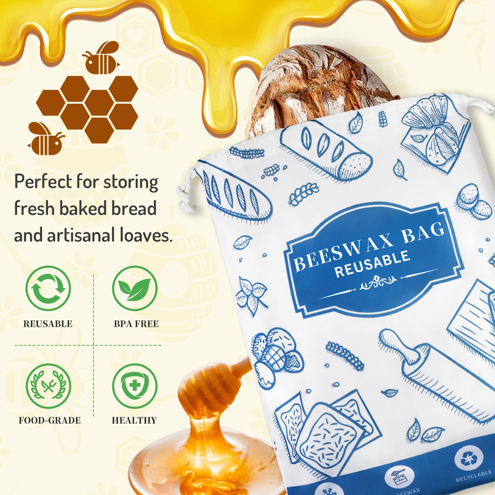 2-Pack Beeswax Bread Bags for Homemade Bread，Reusable Sourdough Storage Bags with Premium Beeswax Coating for Loafs Baguette Fresh Keeping,Great Homesteading Essentials and Baking Gifts.