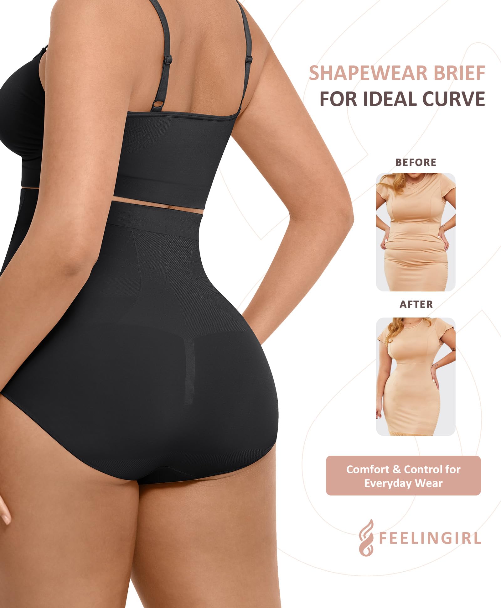 FeelinGirl Shapewear Tummy Control Underwear for Women High Waisted Panty Girdles Body Shaper Panties Black M/L