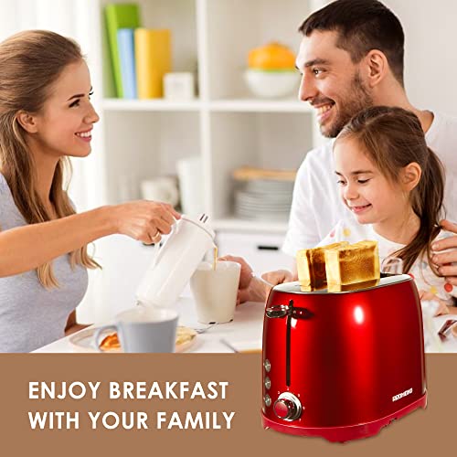 REDMOND Toaster 2 Slice, Retro Bagel Stainless Steel Compact Toaster with 1.5”Extra Wide Slots, 7 Bread Shade Settings for Breakfast, 800W (Valentine Red)