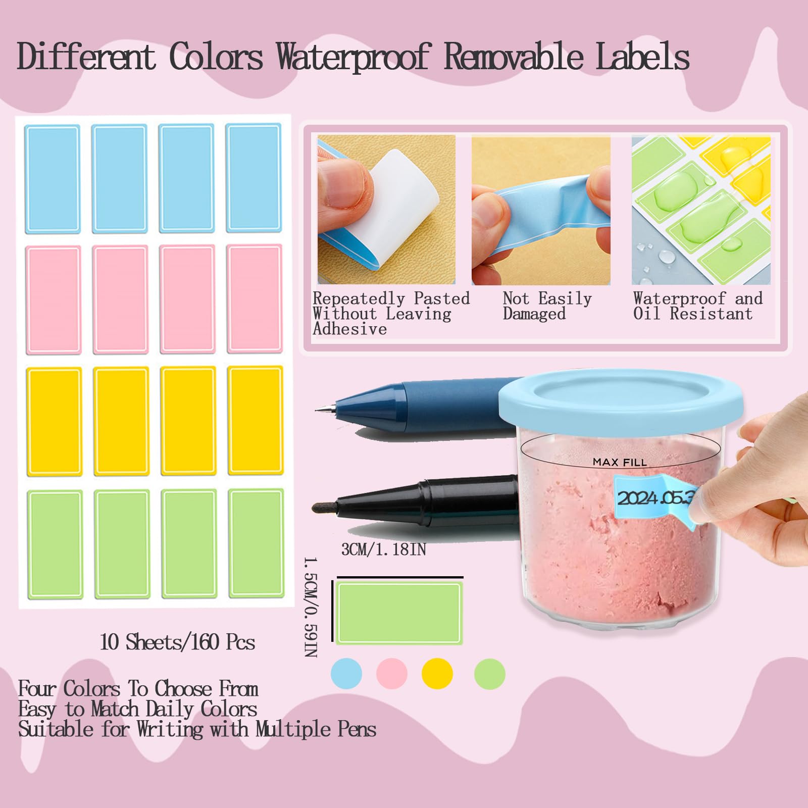 NLXCXUCY 4 Pack Containers Replacement for Ninja Creami Pints and Lids with 160pcs Waterproof Removable Labels,16oz Compatible with Ninja NC299AMZ NC300 Series Deluxe Ice Cream Makers Cups