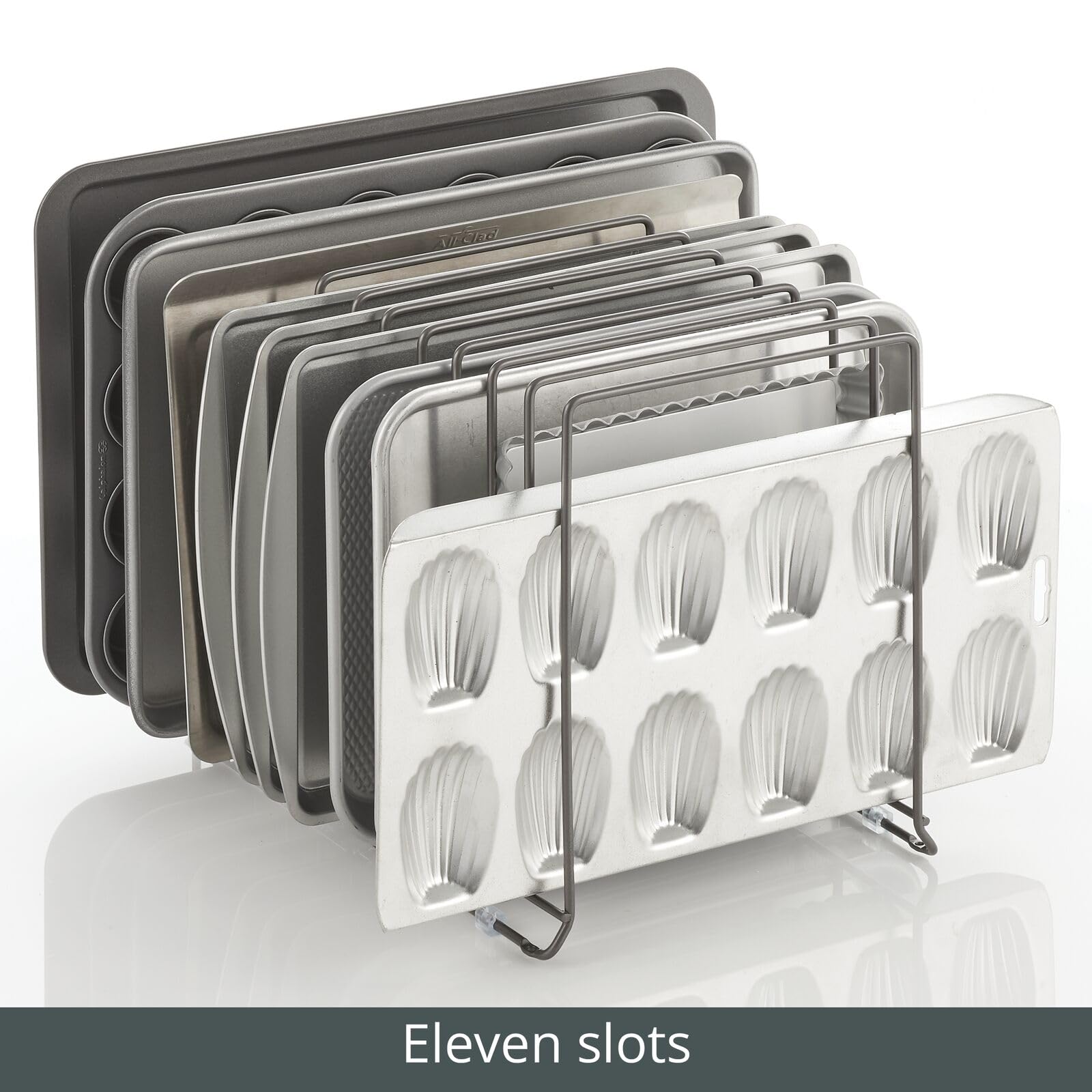 mDesign Metal Wire Organizer Rack for Kitchen Cabinet, Pantry, Shelves - Holder with 11 Slots for Skillets, Frying Pans, Lids, Cutting Boards, Vertical or Horizontal Placement, Extra Large - Dark Gray