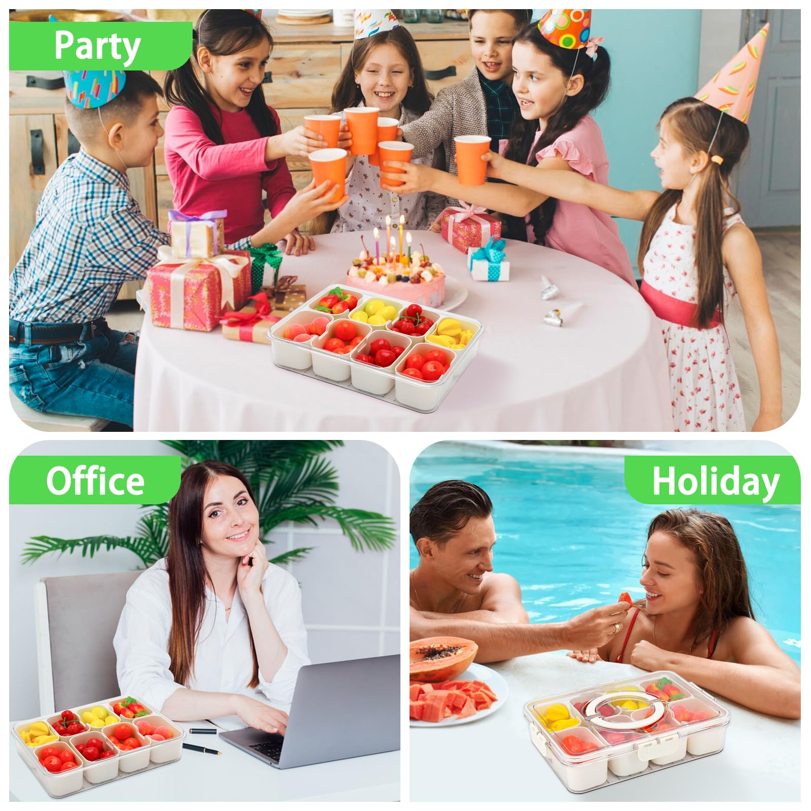 Portable Divided Serving Tray with Lid with Handle, 8 Compartment Snackle Box Container,- For Clear Organizer Fruit, Candy, Nuts,Snacks,Great for parties, beach fun and outdoor camping(8)