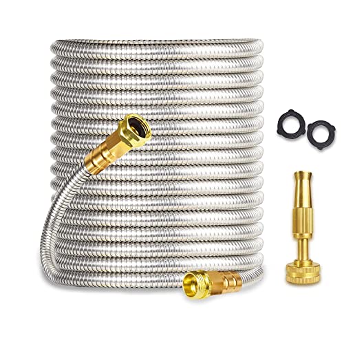 Metal Garden Hose 75FT Heavy Duty Lightweight 304 Stainless Steel Metal Water Hose with Brass Nozzle,Durable Fittings,No Kink & Tangle,Puncture Resistant,for Outdoor, Yard,Lightweight (75ft)