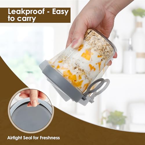 Quald Overnight Oats Containers with Lids, Folding Spoons and Divided Compartments for Fruit (4 Pack)
