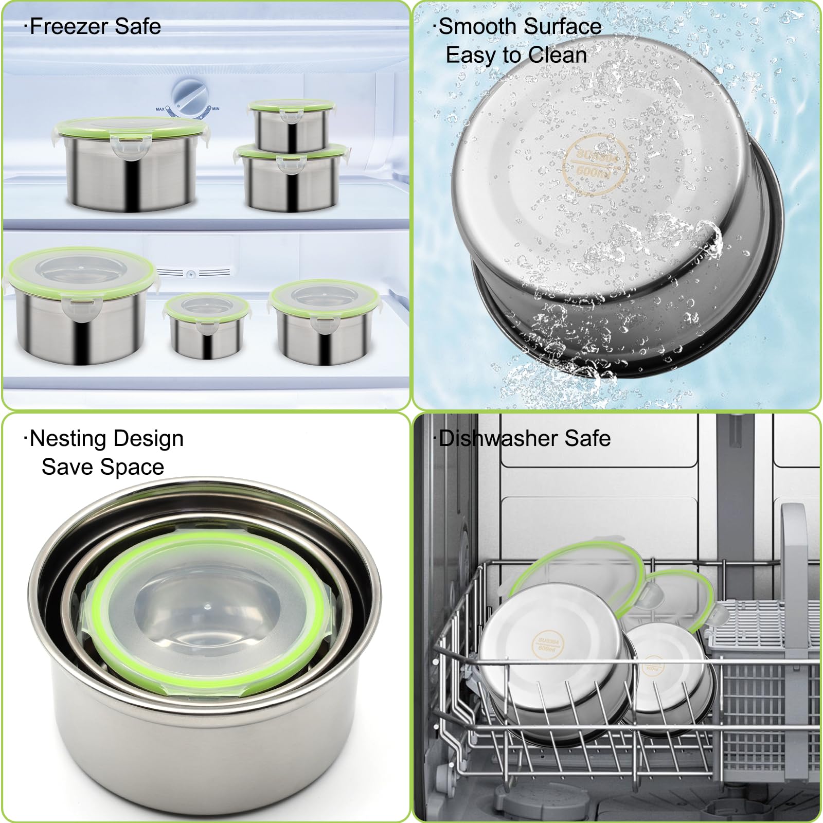 BSDLZCH 3pcs Stainless Steel Food Storage Container Set, Sealed Bowl With Cover Round Meal Prep Lunch Bento Box Kitchen Fresh-keeping Bowl Airtight Food Container for Oven Freezer (Green)