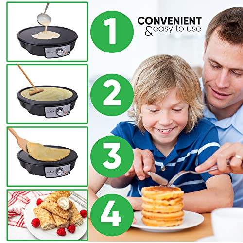 NutriChef Electric Griddle & Crepe Maker | Nonstick 12 Inch Hot Plate Cooktop | Adjustable Temperature Control | Batter Spreader & Wooden Spatula | Used Also For Pancakes, Blintzes & Eggs