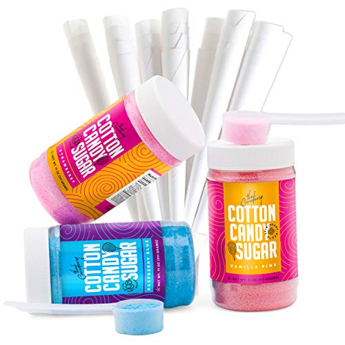 The Candery Cotton Candy Machine and Floss Bundle- Bright, Colorful Style- Sugar Free Candy, Sugar Floss, for Birthday Parties - Includes 3 Floss Sugar Flavors 12oz Jars and 50 Paper Cones & Scooper