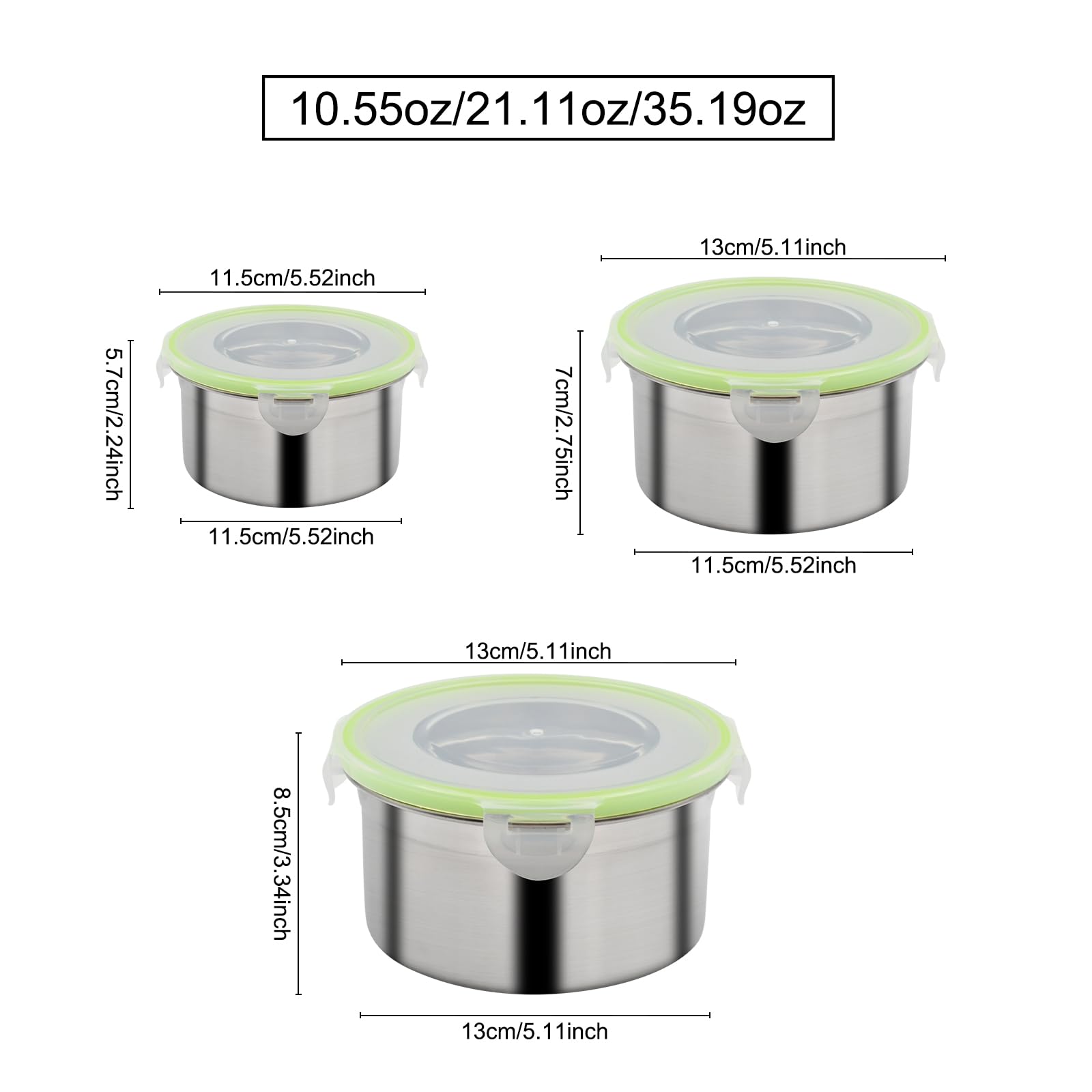 BSDLZCH 3pcs Stainless Steel Food Storage Container Set, Sealed Bowl With Cover Round Meal Prep Lunch Bento Box Kitchen Fresh-keeping Bowl Airtight Food Container for Oven Freezer (Green)
