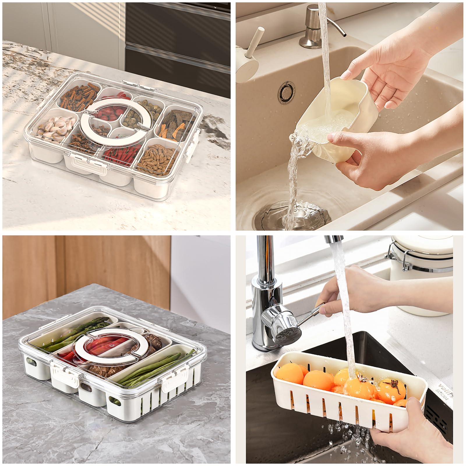 AYangrise 8-Compartment Divided+4 compartments for draining water Divided Clear Food Storage Container with Lid and Handle - Versatile Snack Tray for Refrigerator, Party, Travel, and Picnic