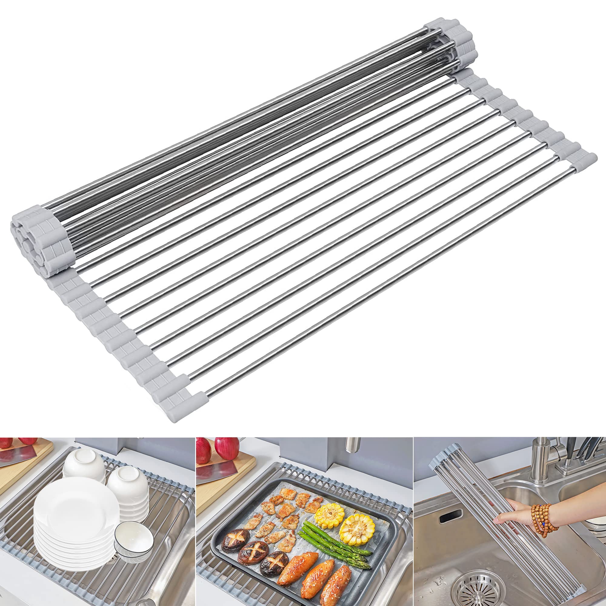 Antspertor Large Roll Up Dish Drying Rack, Over The Sink Multipurpose Roll-Up Dish Racks, 20.5" L x 16" W(Gray) Rolling Stainless Steel Dish Drainer Portable Foldable for Kitchen Counter