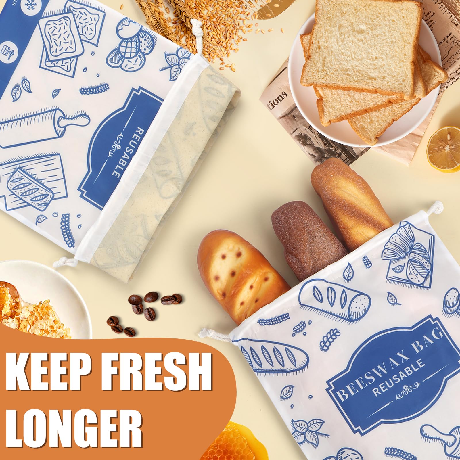 2-Pack Beeswax Bread Bags for Homemade Bread，Reusable Sourdough Storage Bags with Premium Beeswax Coating for Loafs Baguette Fresh Keeping,Great Homesteading Essentials and Baking Gifts.