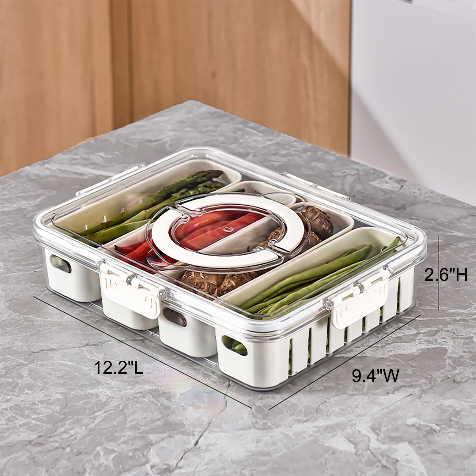 AYangrise 8-Compartment Divided+4 compartments for draining water Divided Clear Food Storage Container with Lid and Handle - Versatile Snack Tray for Refrigerator, Party, Travel, and Picnic